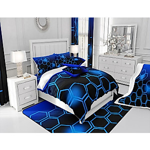 Feelyou Blue and Black Bedding Set Twin Size Honeycomb Comforter Set for Kids Boys Girls Decor Geometrical Comforter Beehive Pattern Blue Theme Duvet Set Bedroom Quilt Set