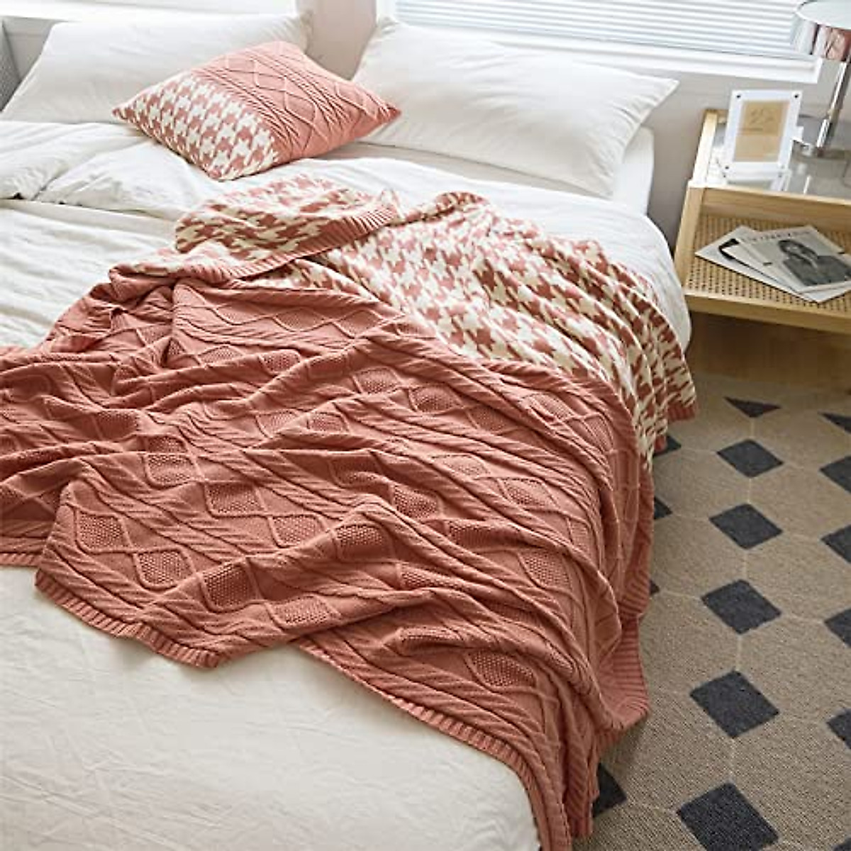 GunziStreet Luxurious Pure Cotton Knitting Throw Blanket Houndstooth Thousand-Bird Pattern Splicing Nordic Style Soft Warm Home Decor for Bed Couch Bedroom (Red Ruby, 51x63)