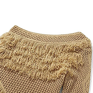 Fladdswed Women Summer Slim Fit Dress Fringe Embellished One Shoulder Long Sleeve Design Tassel Cutout See Through Dress (Camel-One Shoulder, M)