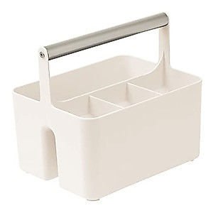 mDesign Plastic Shower Caddy Storage Organizer Utility Tote, Divided Basket Bin - Metal Handle for Bathroom, Dorm, Kitchen, Holds Soap, Shampoo, Conditioner - Aura Collection - Cream/Beige/Satin