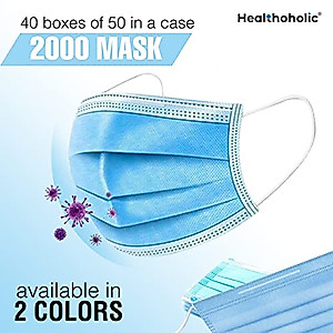 Healthoholic Blue Disposable Face Masks [Bulk Pack of 2000 Pcs, 40 Boxes of 50pcs/Box] Non-Woven, Breathable, Disposable 3-ply Protective Earloop Face Masks