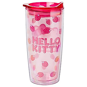 Silver Buffalo Hello Kitty Strawberry Face Double Wall Travel Tumbler w/Slide Close Lid, 20 Ounces