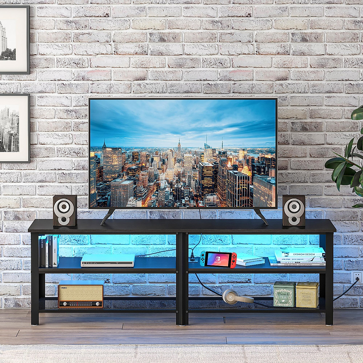 Clikuutory Modern Black 63 inch Metal TV Stand with LED Lights and Power Outlets for 40 50 55 60 65 70 Inch TVs, 3 Tier Television Stands with Entertainment Center and Storage for Living Room, Bedroom