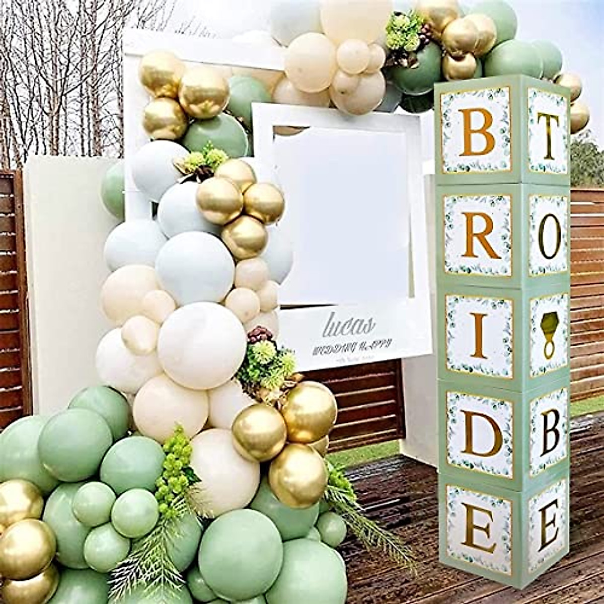 101 PC Greenery Bridal Shower Decorations Balloon Boxes Gold- Blocks with BRIDE TO BE + GROOM + A - Z Letters and 40 Balloons- Engagement Bachelorette Parties Weddings Centerpieces Photo Booth Props