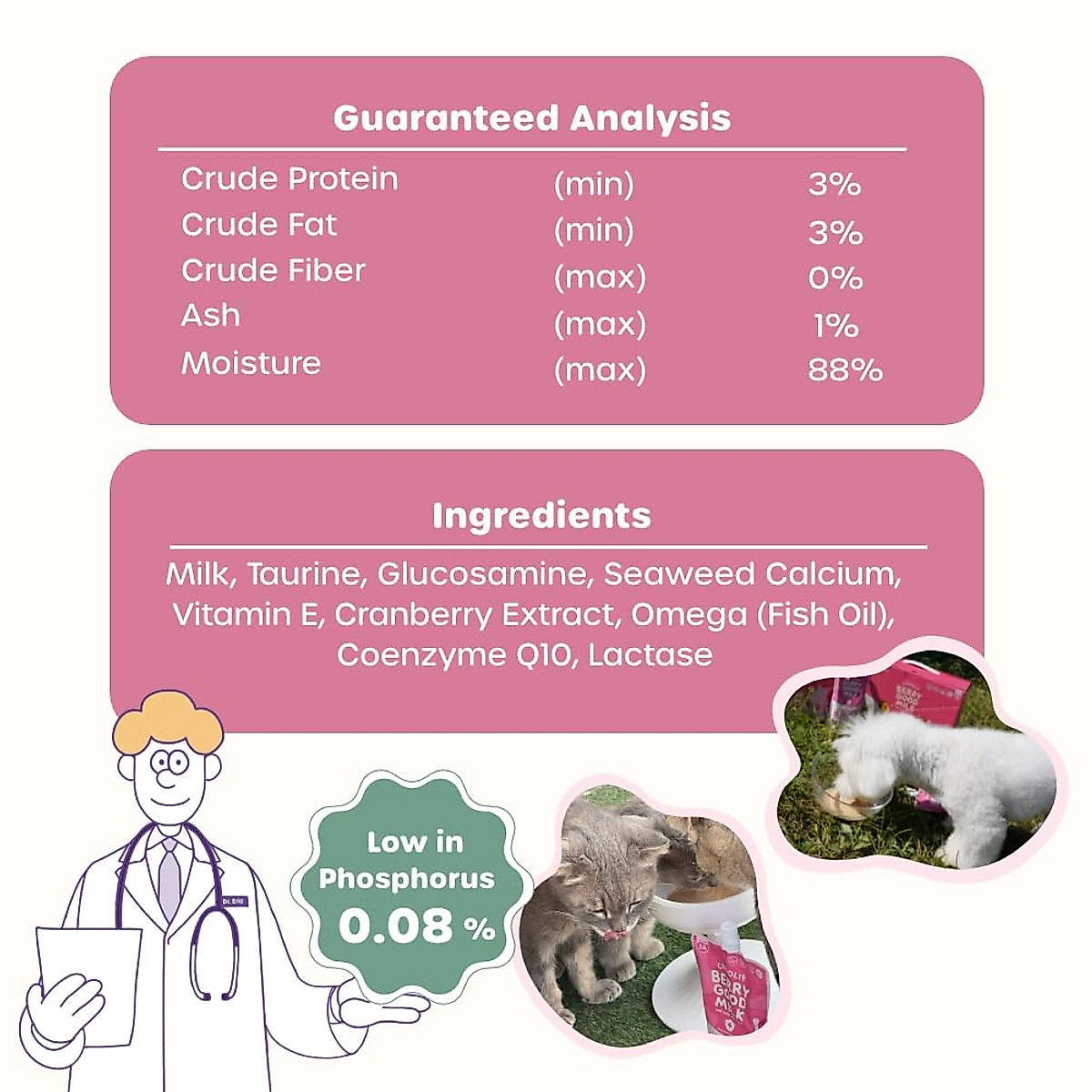 Choolip Berry Good Pet Milk. 10pk Vitamin-Infused Cat Milk, Dog, Kitten, Puppy Milk. Dog Bladder Support, Cat Kidney Support, Cat Urinary Supplement Cranberry, Omega 3, CoQ10, Glucosamine, Taurine