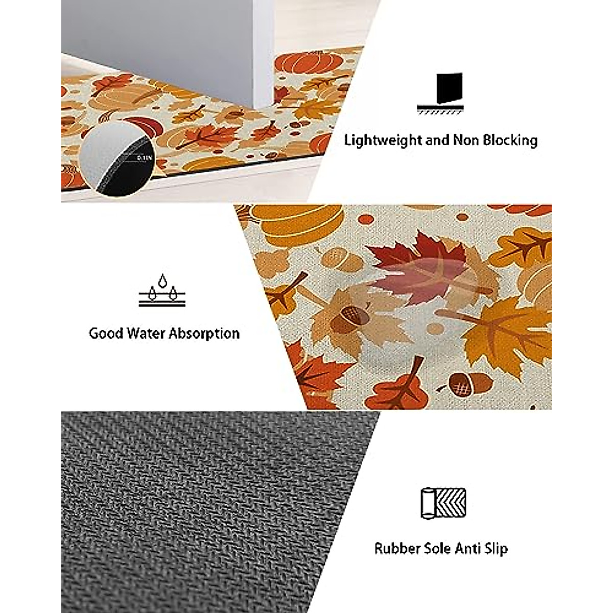 Farm Rustic Pumpkins Bath Mat for Tub,Non Slip Bathroom Floor Runner Rug Quick Dry & Absorbent Diatomaceous Earth Shower Sink Bedroom Kitchen Washable Doormat,Thanksgiving Autumn Maple Leaves 16"x47"