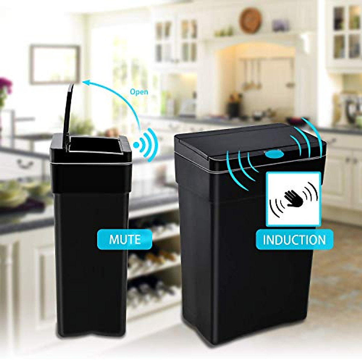 MeetPerfect 13 Gallon Trash Can with Lid Automatic Garbage Can Touch Free Waste Bin 50 Liter Plastic Trash Can with Inner Basket and Carry Handle for Kitchen Office Bedroom Living Room- Black
