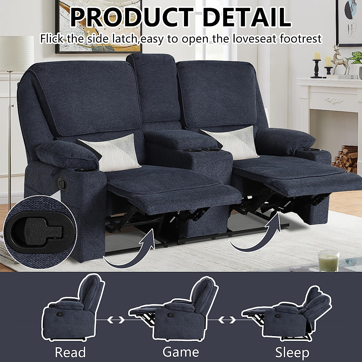 YOCONYO Loveseat Recliner, RV Reclining Loveseat, Home Theater Seating, Manual Loveseat with Console, 4 Cup Holders, 2-Seater Recliner Sofa, RV Furniture for Travel Trailers, Livingroom (Navy Blue)