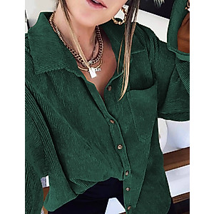 Saslax Womens Corduroy Shirt Long Sleeve Oversized Button Up V Neck Blouses Tops Loose Shacket Jacket with Pockets Green M