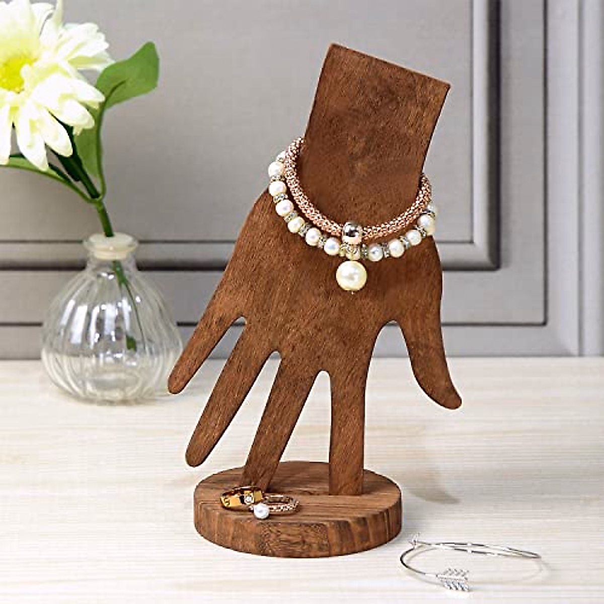 MOOCA 6-Piece Wooden Hand Form Jewelry Display Set - 2-Way Design for Wall Hanging or Standalone Mannequin Finger Hand Display, Brown Color