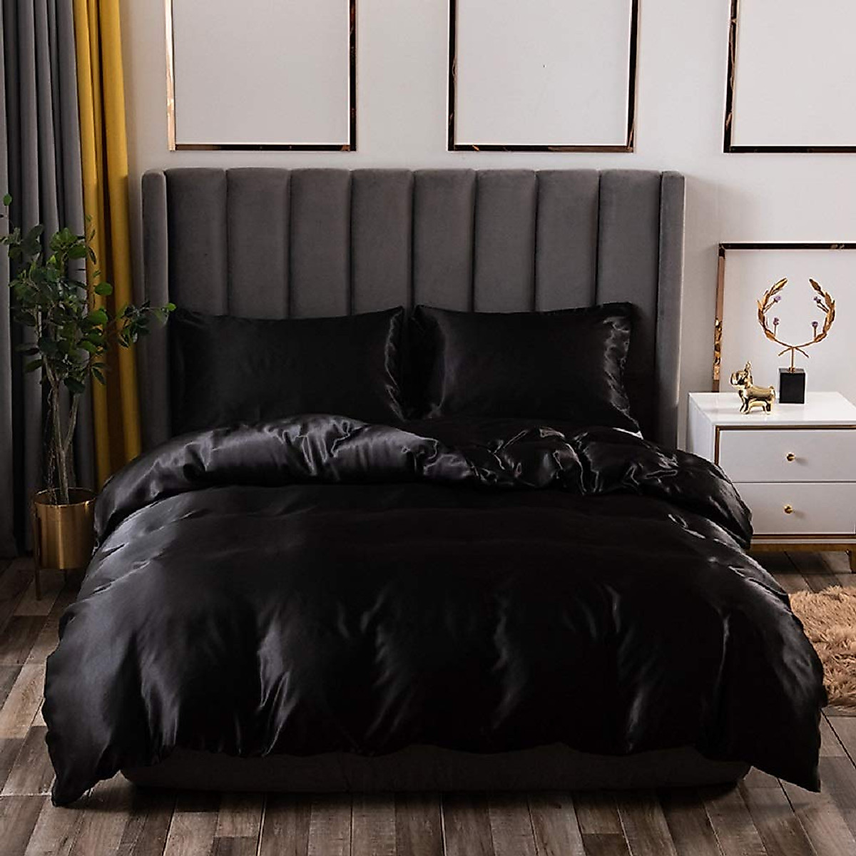 Black Silk Comforter Cover Set Full Size Silk Like Satin Duvet Cover Set Solid Color Decor Soft Microfiber Women Bedding Sets With Zipper Ties Soft Luxury Duvet Cover Set For Adult Women Men Girls