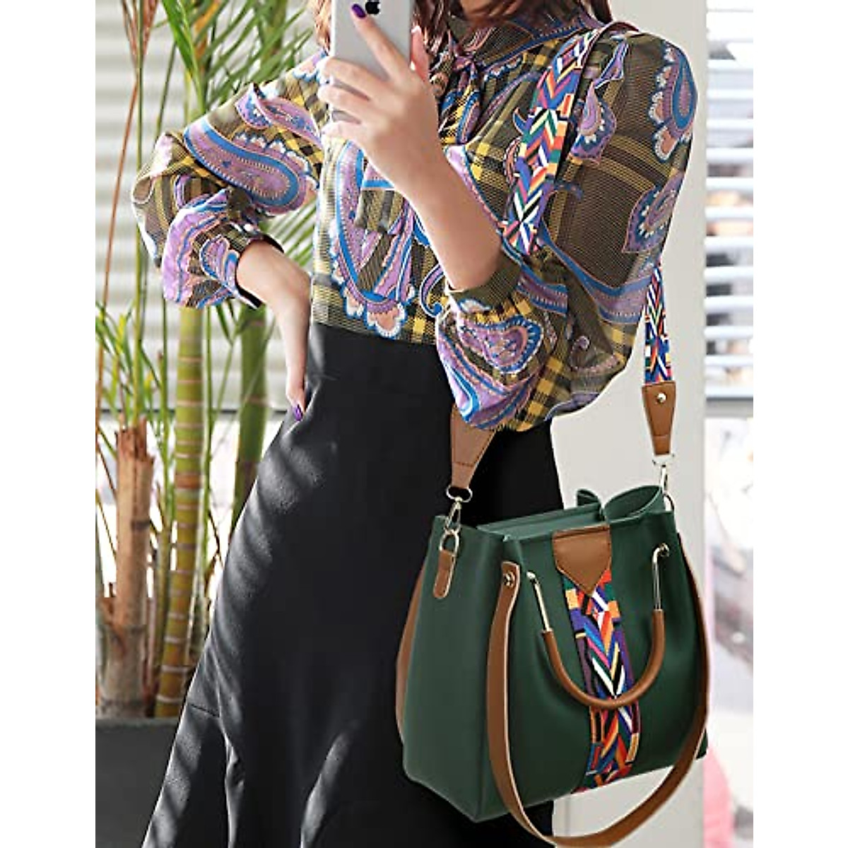 Women Fashion Handbags Large Capacity Color Contrast Bag Wallet Tote Bag Shoulder Bag Top Handle Satchel Purse Set 4pcs