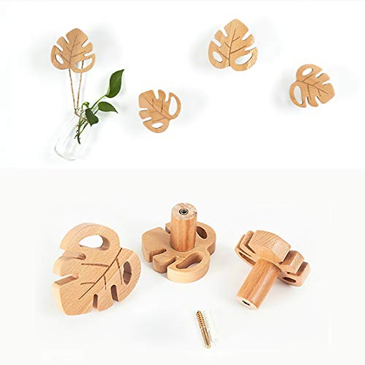 Kelendle 4Pcs Wall Mounted Monstera Wooden Coat Hooks with Mounting Hardware Single Wall Hook Rack Clothes Hanger Organizer (Beech)