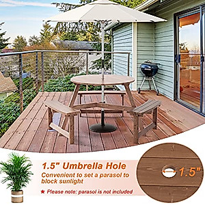 GYMAX Picnic Table, 6 People 1720lbs Wooden Picnic Table Bench Set with Umbrella Hole, Heavy Duty Outdoor Camping Dining Table with Seat for Patio Lawn Backyard Garden Deck Poolside