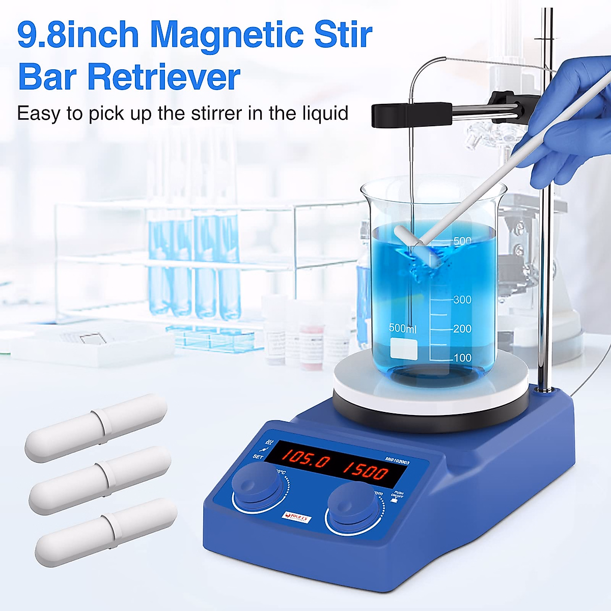 FOUR E'S SCIENTIFIC 280℃/536°F 5 inch Digital Hotplate Magnetic Stirrer Hot Plate Ceramic Coated | 100-1500rpm | 5L | 110V Support Stand Stir Bar Retriever Temp Probe Sensor Stir Bars Included
