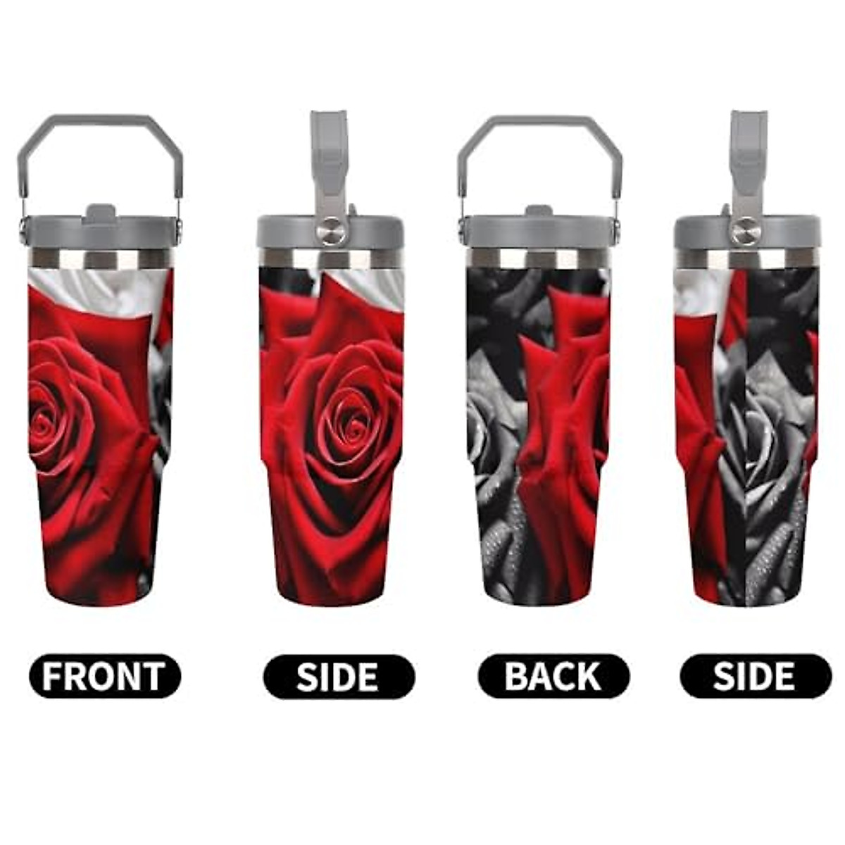 30oz Stainless Steel Insulated Tumbler with Flip Lid & Straw, Leakproof Travel Mug for Car, Black White And Red Roses Double Wall Vacuum Thermal Coffee Cup with Handle, Spill-Proof Design for Hot/Cold