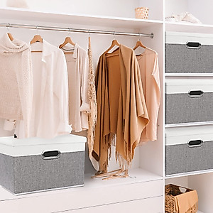 Yawinhe Storage Bins with Lids, Fabric Foldable Boxes with 2 Metal Handles, Waterproof Basket, Closet Organizers, White/Gray, 15''Lx9.8''Wx9.8''H, 1-Pack