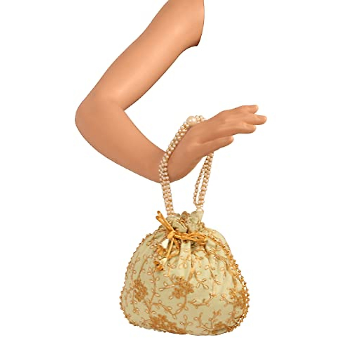 Touchstone NEW Indian Hand Embroidered Floral Shopping Gifts Jewelry Wedding Sweet Distribution Faux Pearls Strings Drawstring Pista Cream Pink Fancy Bag Purse Pouch Set Of 3 For Women.