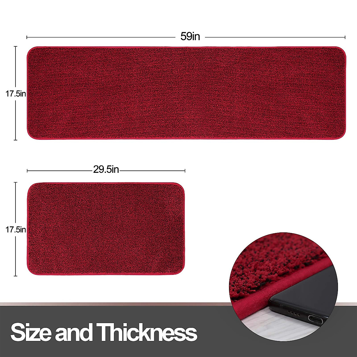 ITSOFT 2pc Non-Slip Kitchen Dirt Trapper Rug Runner Set, Absorbent Shoe Scraper, Machine Washable (59" x 17.5" + 29.5" x 17.5") (Red & Black)