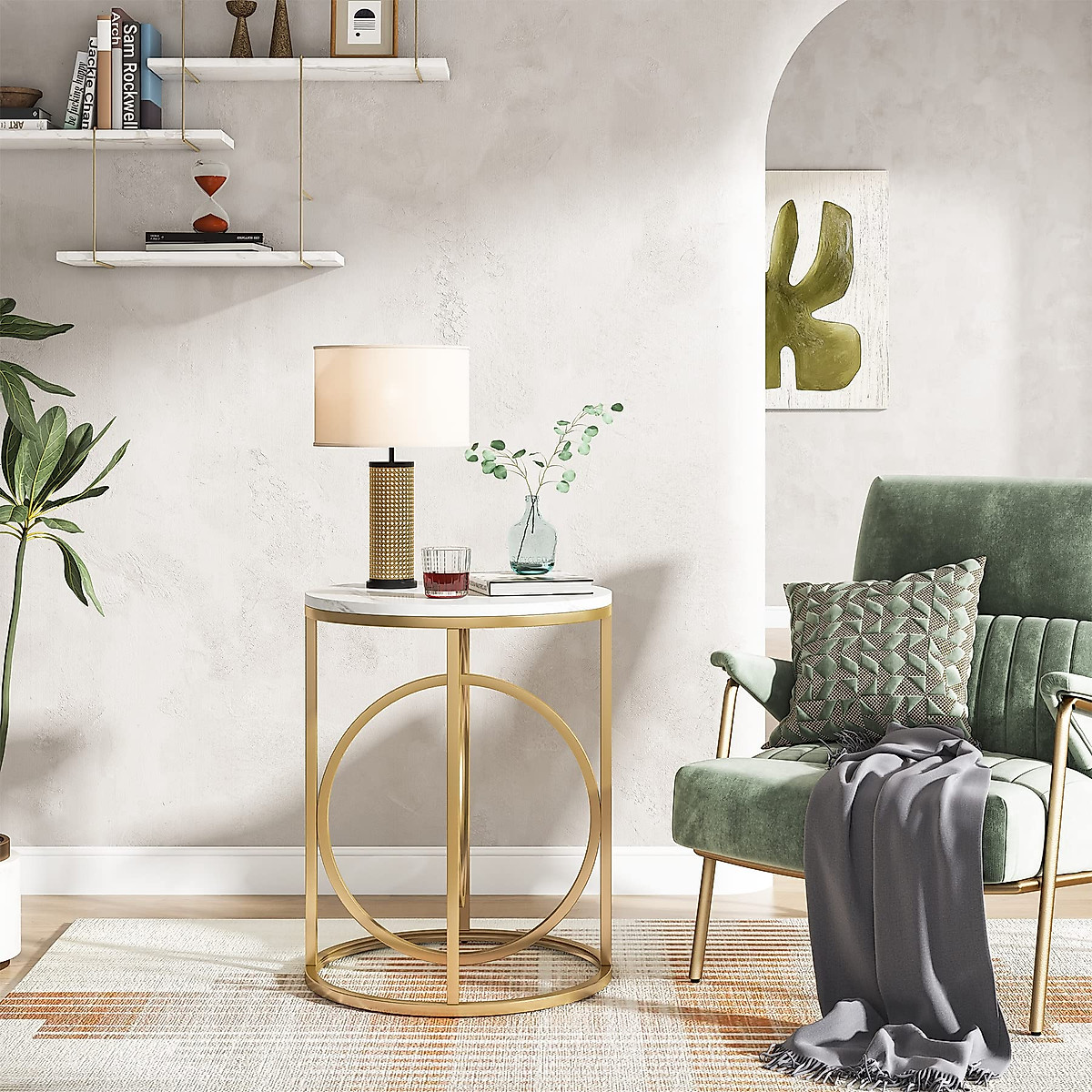 Tribesigns Round Gold End Table - Set of 2, Faux Marble Side Table w/O-Shaped Metal Base, 20" Wide Tabletop, White and Gold Accent Table Small Round Nightstand for Living Room, Bedroom, Small Spaces