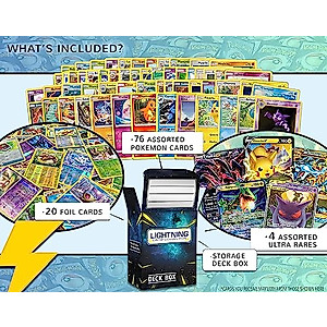 Lightning Card Collection Premium Bundle :100+ Cards inculdes 20 foil Cards | 4 Legendary Ultra Rare V, GX, or EX | LCC Box That is Compatible with Pokemon Cards