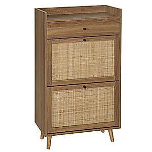 Pvillez Shoe Storage with Flip Drawers & Open Shelves,NaturalRattan Shoe Cabinets,Shoe Organizer RackWooden Shoe Organizer for Entryway/Bedroom/Living Room/Apartment,Free Standing