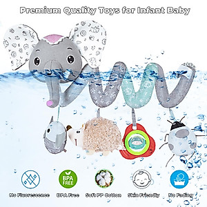 Baby Car Seat Toys, Hanging Stroller Toys for Baby 0-6 Months Infants Activity Spiral Toys with Musical Owl Rattles Hedgehog Beep Ladybug Squeaker - Gray Elephant Toys for Newborn Baby 0 3 6 12 Months