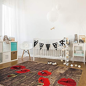 Indoor Area Rugs, Poppy Flower Wooden Background Non-Slip Rubber Backing Rug, Non-Shedding Floor Carpet Washable Throw Rug for Living Room Bedroom Dining Home, 4' x 6'