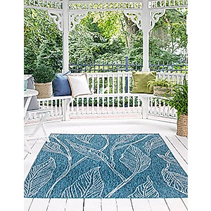 Unique Loom Outdoor Botanical Collection Area Rug - Leaf (6' 1" x 9' Rectangle, Teal/ Ivory)