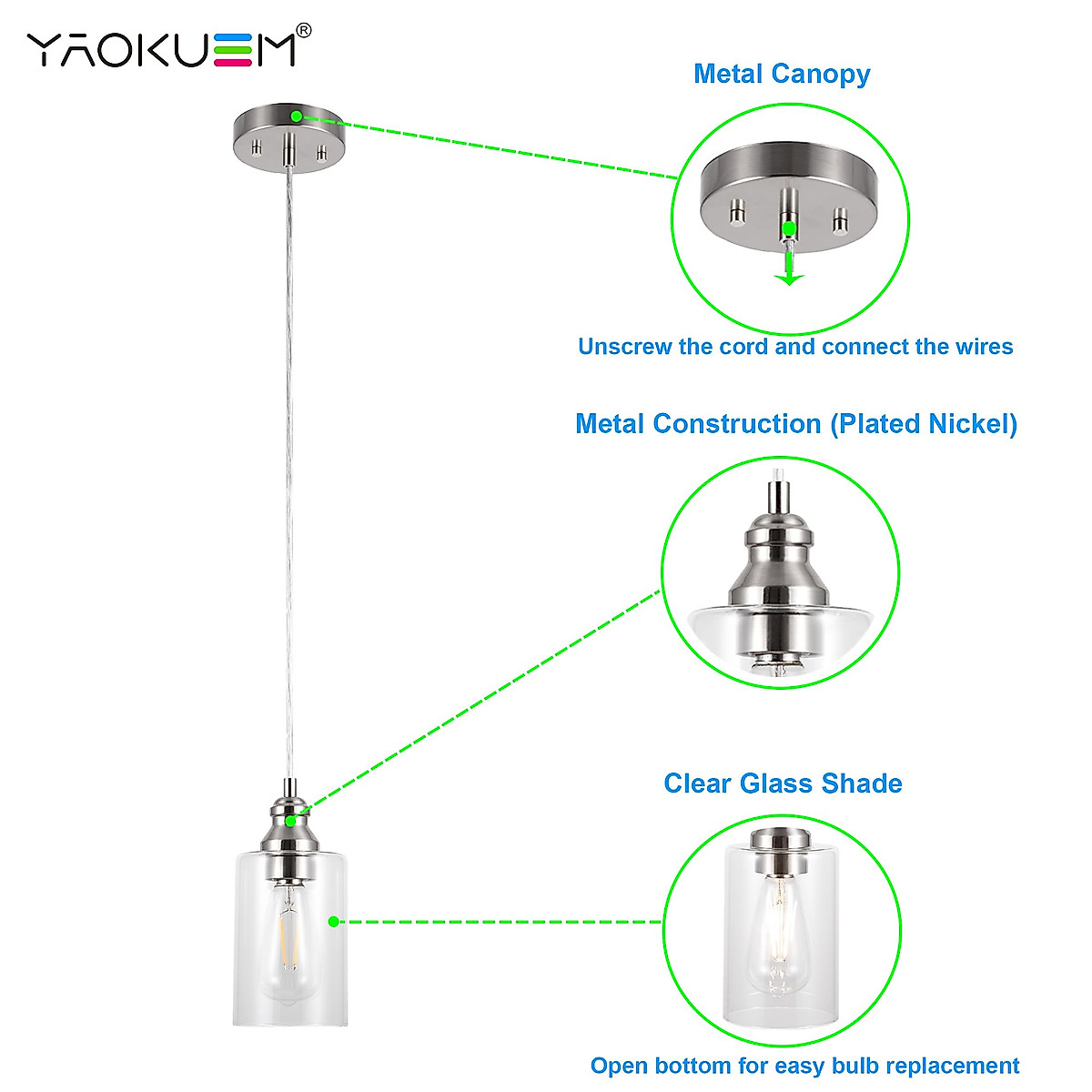 YaoKuem Pendant Lighting Fixture, Hanging Ceiling Lights with E26 Medium Base, Metal Construction with Clear Glass, Bulbs not Included, Nickel, 3-Pack