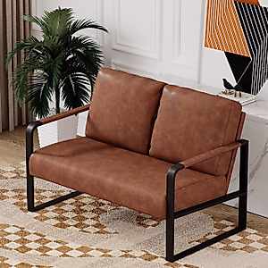 POINTANT Love Seat Mini Couch Small Settee Loveseat Bench for Living Room, Faux Leather Loveseat Sofa Small Sofa Couches for Small Spaces with Padded Cushion, Mid Century Modern Dark Brown Love Seats