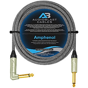 AUDIOBLAST CABLES 12 Foot - Audioblast HQ-1-BRAID (Black+White)Flexible, Shielded - Guitar Bass Instrument Cable w/Amphenol Q-Series Angled & Straight Gold TS Plugs