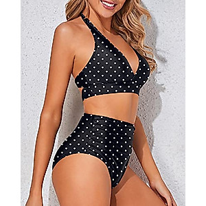 Tempt Me Women Black Polka Dot Two Piece High Waisted Bikini Set Swimsuits Push Up Halter Tummy Control Bottoms Bathing Suits L