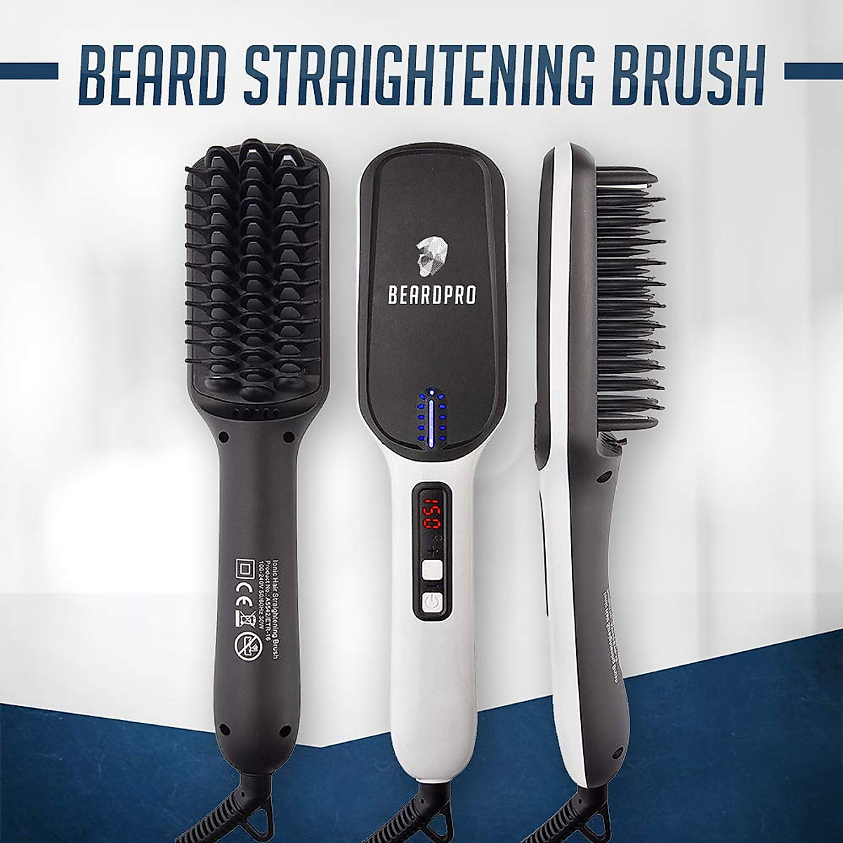 BeardPro Beard Straightening Brush - Professional Grade Anti Frizz Ionic Wet/Dry Hair Straightener with Ceramic Plate - Portable Heated Hairbrush & Styling Tool for Men