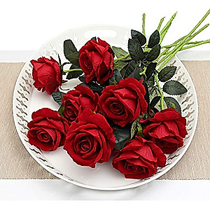 Bringsine Artificial Velvet Flowers Realistic Roses Bouquet with Long Stem for Home Wedding Decoration Party-Red
