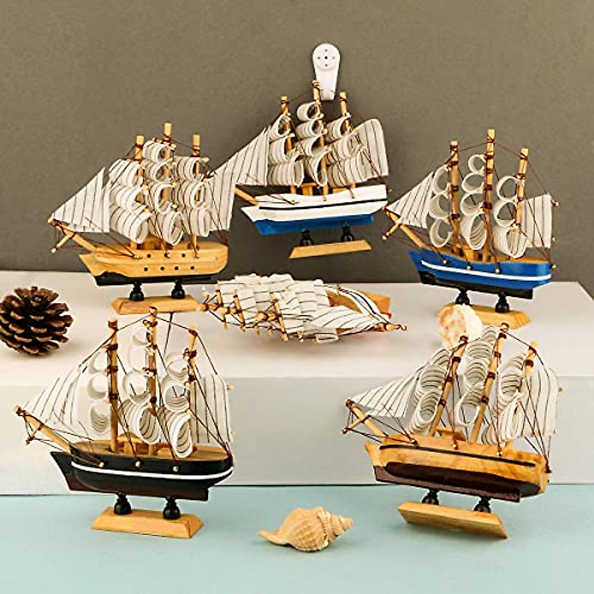 Dedoot Wooden Sailboat 6 Pack Miniature Sailboat Model Ship Nautical Decor Tabletop Decorative Ornament for Ocean Theme Home Decor, 5.5x5x1.2 Inch