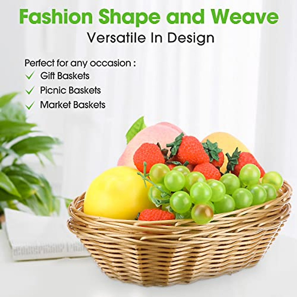 60 Pack Plastic Oval Basket Products Gift Basket Food Storage Basket Fruit Basket Hand Woven Baskets for Fruit, Arts, Crafts, Decor, Kitchen, Restaurant and Centerpiece Display, 9.1 x 6.3 x 2.4 Inch