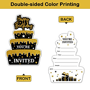 REWIDPARTY Black Gold Birthday Party Invitations with Envelopes & Stickers（Set of 15） Birthday Cake Shaped Fill-in Invitations Happy Birthday Invites Cards Birthday Party Supplies for Kids Adults