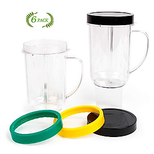 UHAPEER 16OZ Replacement Cups for Magic Bullet, 6Pcs/Set Parts Compatible with 250W Magic Bullet Blender MB1001, Include 16oz Mug Cups with Handle, Stay Fresh Lids, Colored Lips Rings