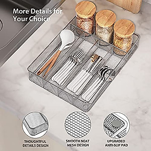 Pipishell Mesh Cutlery Tray 5 Compartments Silverware Drawer Organizer Kitchen Utensils Flatware Storage Drawer Dividers Holder with No-Slip Foam Feet for Knives Fork Spoon and Office Supplies