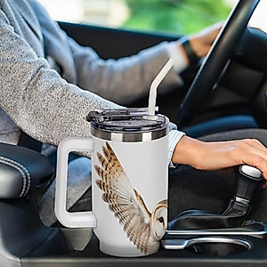 LLUTSNTH 40 Oz Vacuum Tumbler with White Handle Leakproof Insulated Tumbler A Barn Owl Stainless Steel Travel Mug with Lid And Straw Coffee Cup Cute Water Bottles Cup Holder Friendly