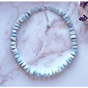 MGR MY GEMS ROCK! Beaded Button-Shape Aquamarine Statement Necklace. Non-Treated Aquamarine Stone Necklace. Collar Necklace, 18-19.50” Long.