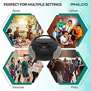 Philco Portable CD Player Boombox with Speakers and AM FM Radio | Black Boom Box CD Player Compatible with CD-R/CD-RW and Audio CD | 3.5mm Aux Input | Stereo Sound | LED Display | AC/Battery Powered