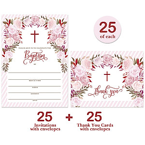 DB Party Studio Set Baby Baptism Invitations with Matched Thank You Notes ( 25 of Each ) Envelopes Included, 5 x 7" Lovely Pink Roses Fill-in Invites & Folded Thanks Cards Infant Christening Pair