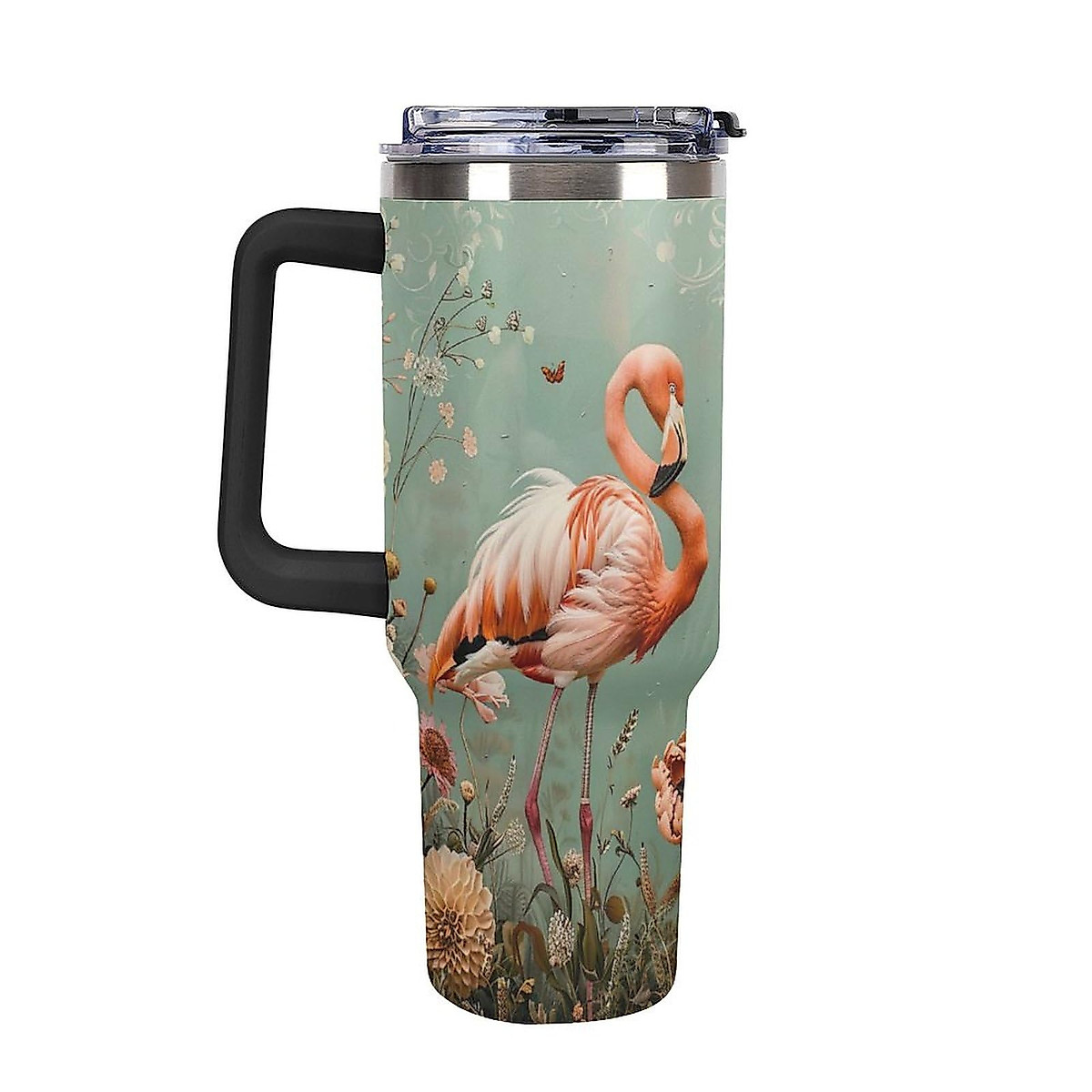 40 Oz Oil Painting Flamingos Insulated Stainless Steel Tumbler with Handle & Straw Lid, Reusable Travel Cupholder Friendly Mug for Coffee, Water, Tea