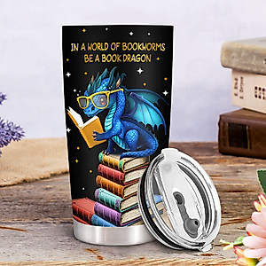 34HD Book Dragon Tumbler with Lid, 20oz Stainless Steel Vacuum Insulated Dragon Coffee Mug, Book Lover Gifts for Birthday Christmas Back To School, Bookworm Gifts for Women, Bookish Items