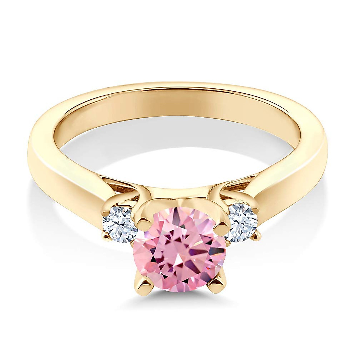 Gem Stone King 18K Yellow Gold Plated Silver Pink Zirconia and White Created Sapphire 3-Stone Engagement Ring For Women (1.60 Cttw, Round 6MM, Gemstone Birthstone, Size 5)