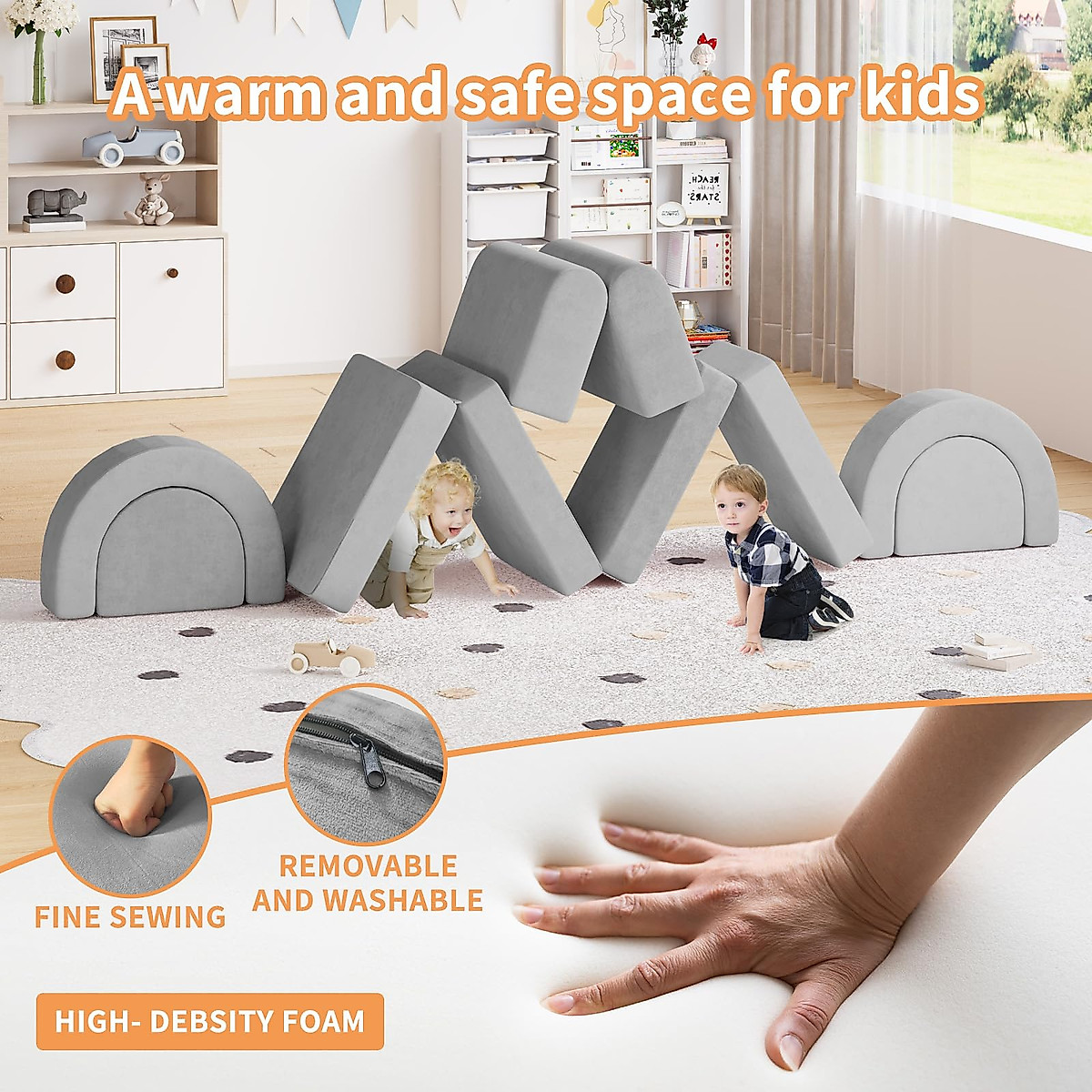 MOOITZ Modular Kids Play Couch, 10pcs Kids Play Couch for Playroom Bedroom, Convertible Modular Toddler Couch, Creative Kids Foam Sofa for Boys and Girls-Grey