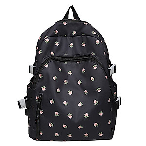 Floral Backpack with Kawaii Plush Puppy Pendant Accessories Cute Multi-Pockets Aesthetic Back to School Bookbag Laptop (Black)