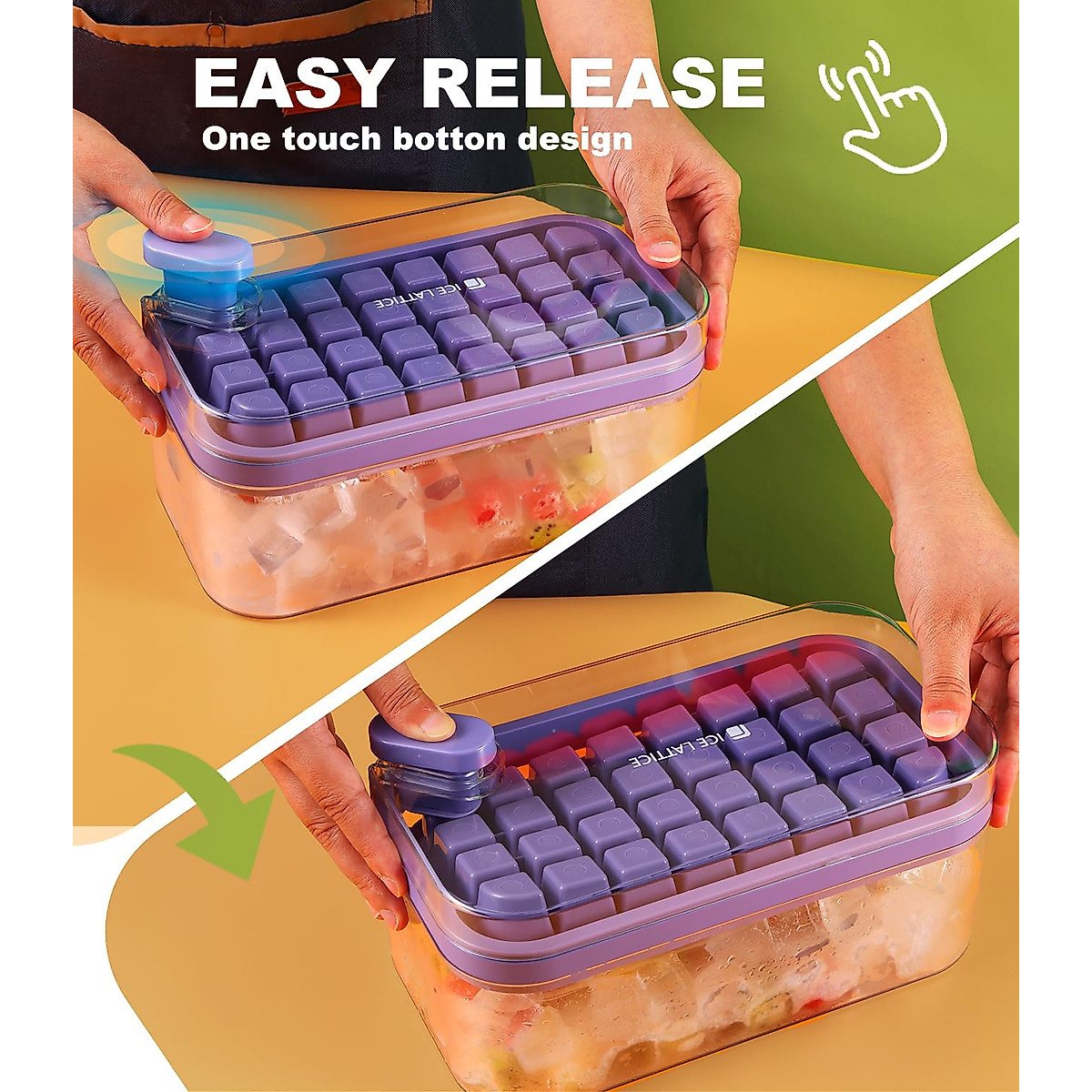 Ice Cube Trays with LId and Bin, Easy Release Ice Trays for Freezer, 2 Pack Ice Cube Molds, 64 Pcs Ice Cube Tray, Large Capacity Ice Tray Holder, Includes Ice Tong, Ice Spoon, for Whiskey, Cocktail.